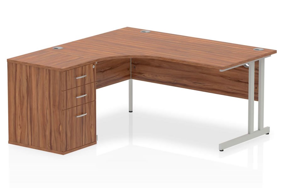 Walnut L-Shaped Corner Cantilever Desk With 3 Drawer Pedestal - Nova Range